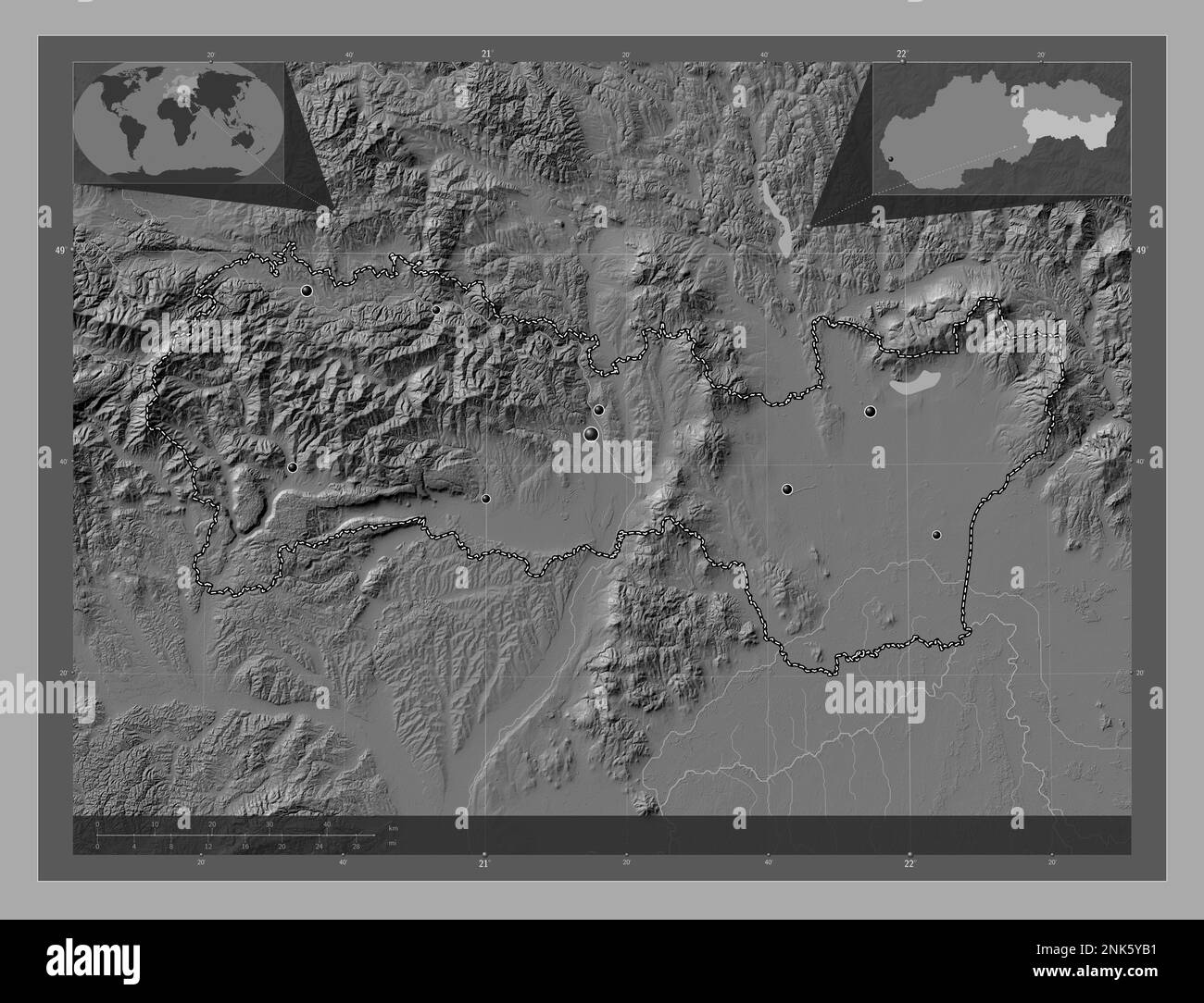 Kosicky, region of Slovakia. Bilevel elevation map with lakes and ...