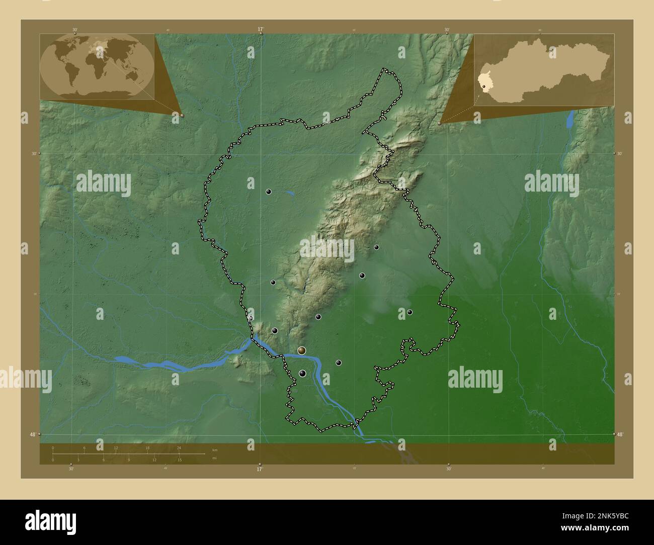 Bratislavsky, region of Slovakia. Colored elevation map with lakes and ...