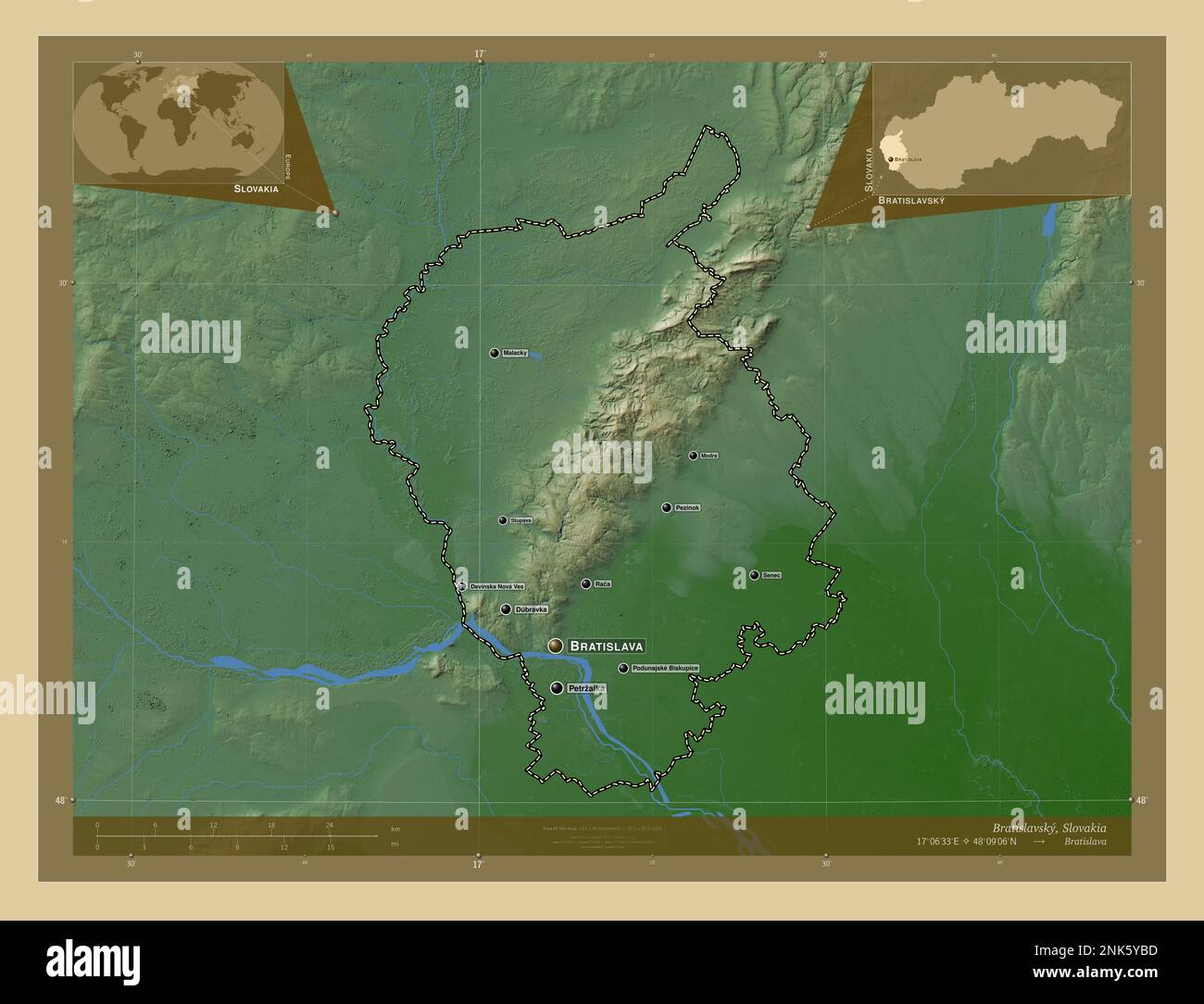 Bratislavsky, region of Slovakia. Colored elevation map with lakes and ...