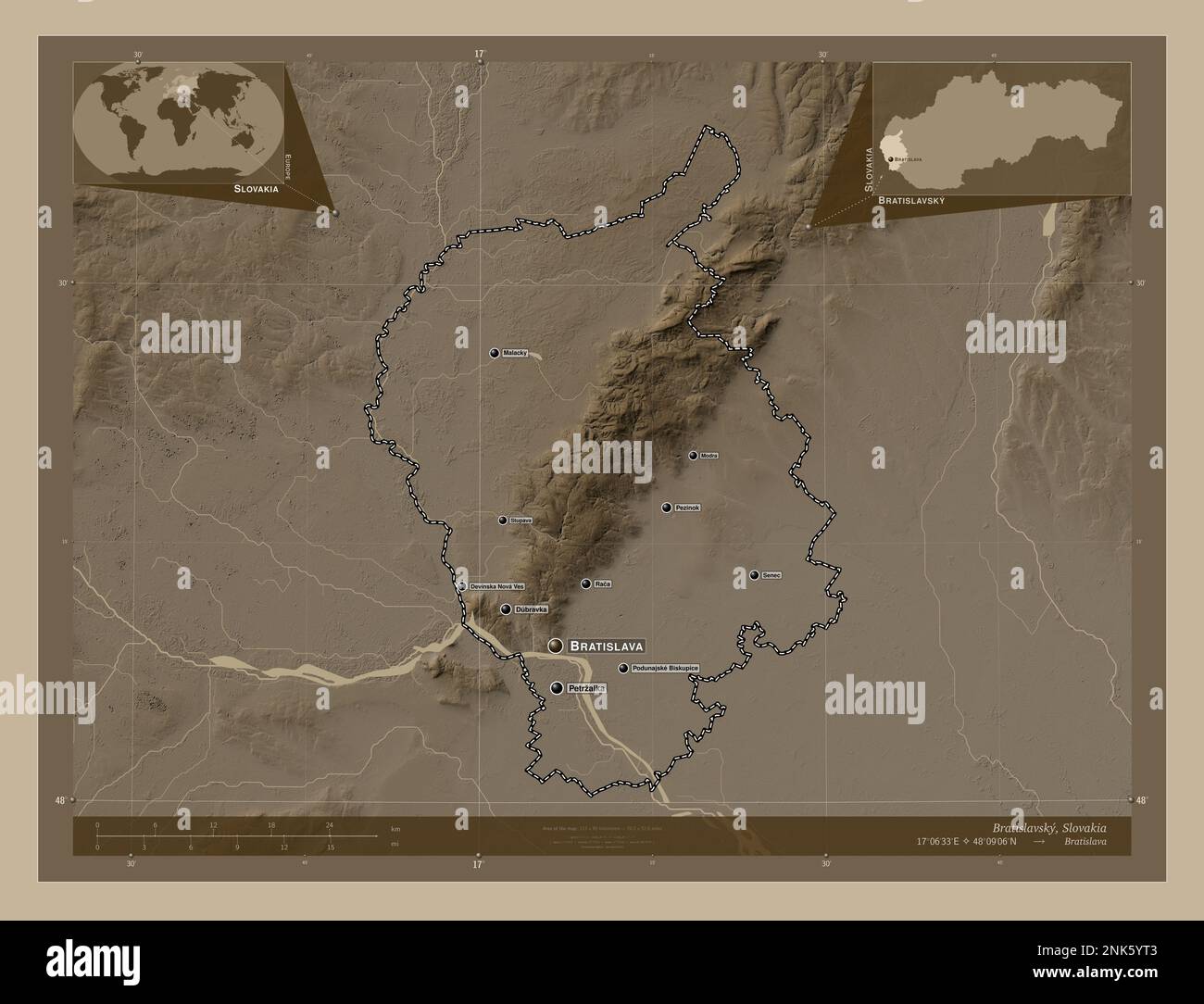 Bratislavsky, region of Slovakia. Elevation map colored in sepia tones ...