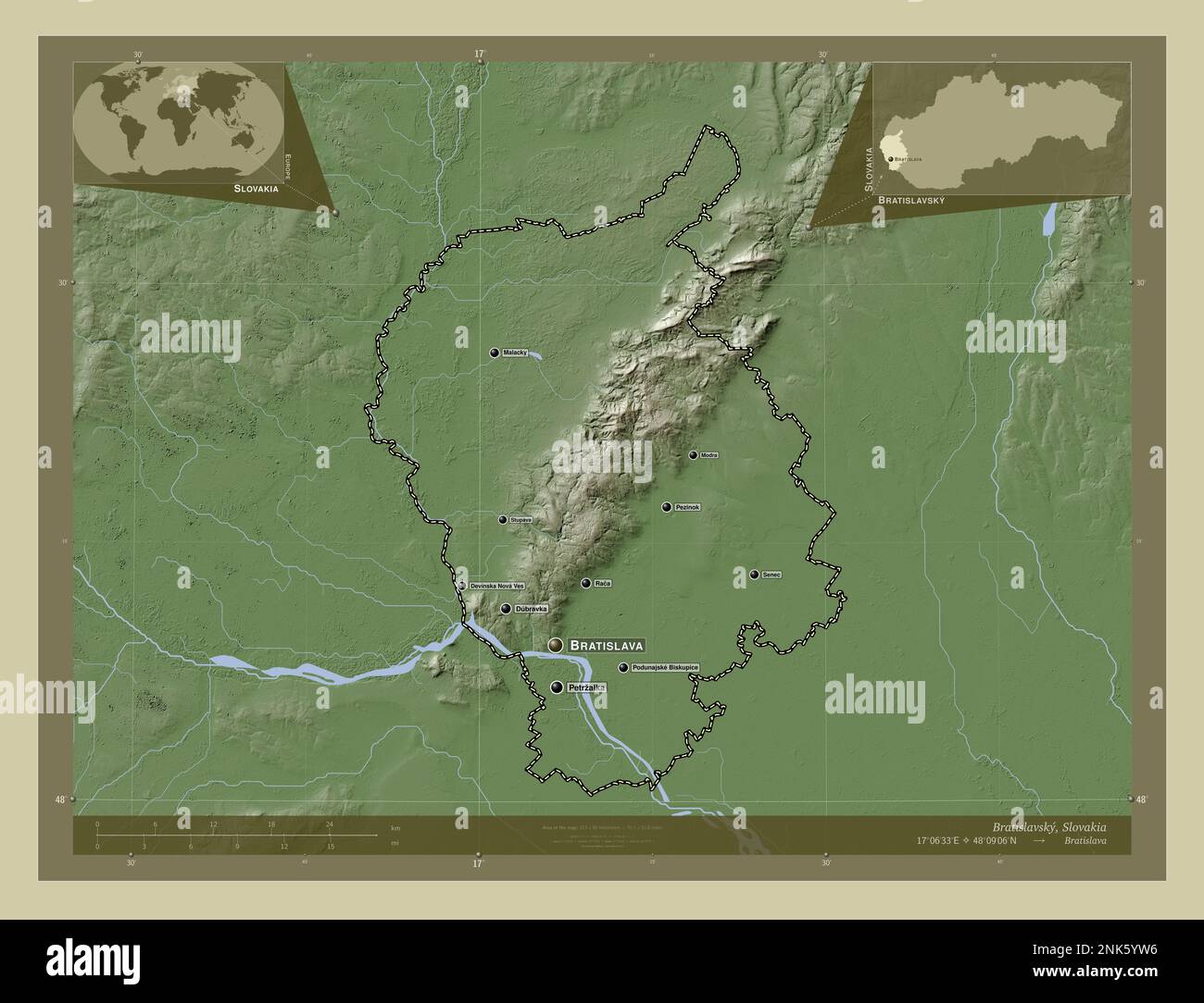 Bratislavsky, region of Slovakia. Elevation map colored in wiki style ...