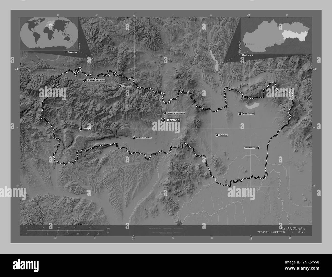 Kosicky, region of Slovakia. Grayscale elevation map with lakes and ...