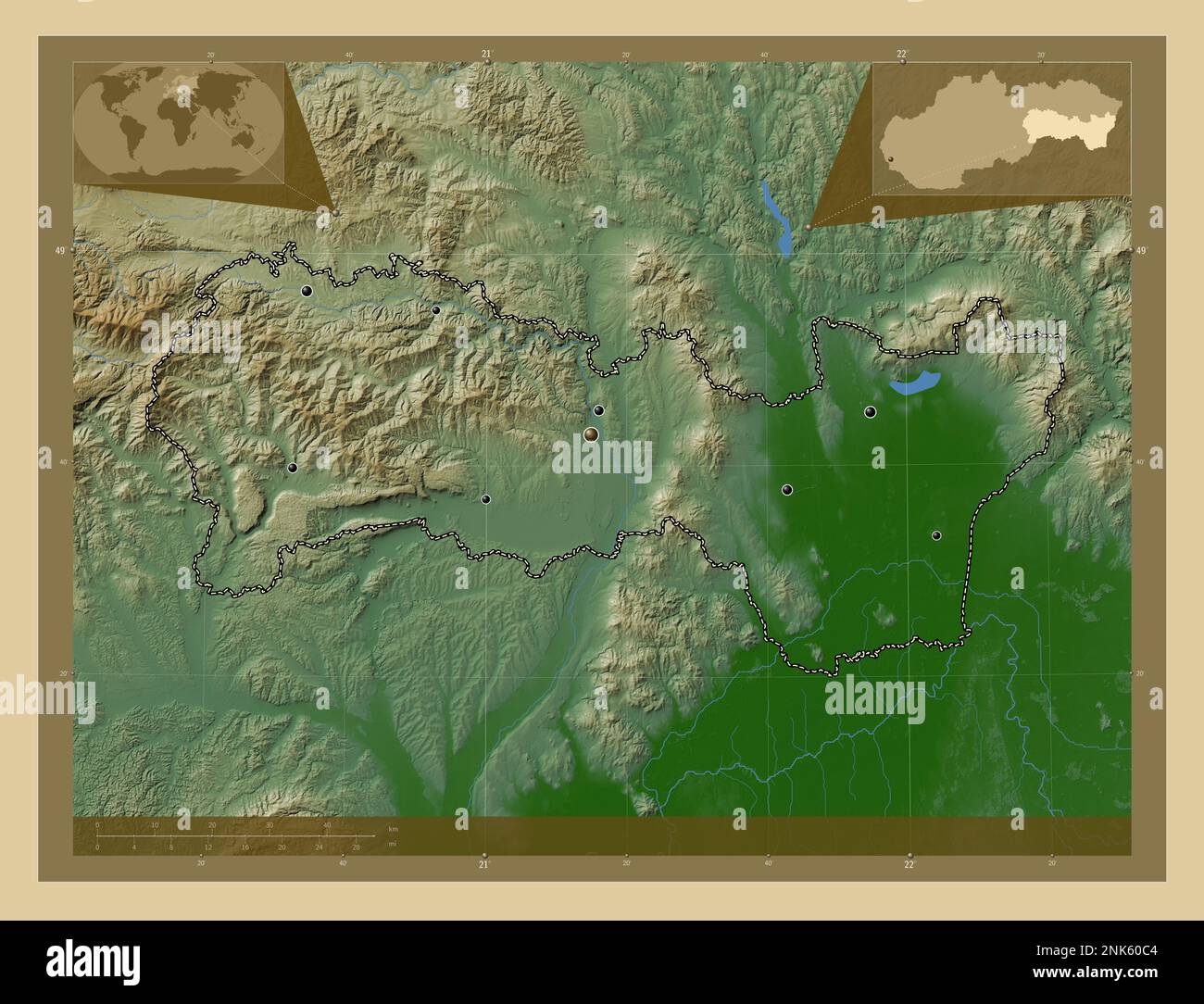 Kosicky, region of Slovakia. Colored elevation map with lakes and ...