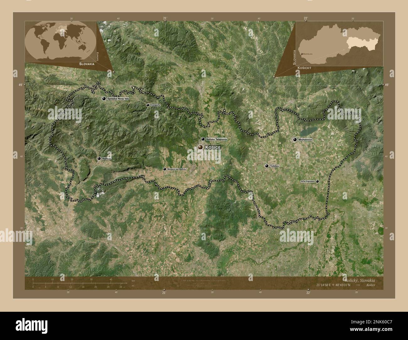 Kosicky, region of Slovakia. Low resolution satellite map. Locations ...