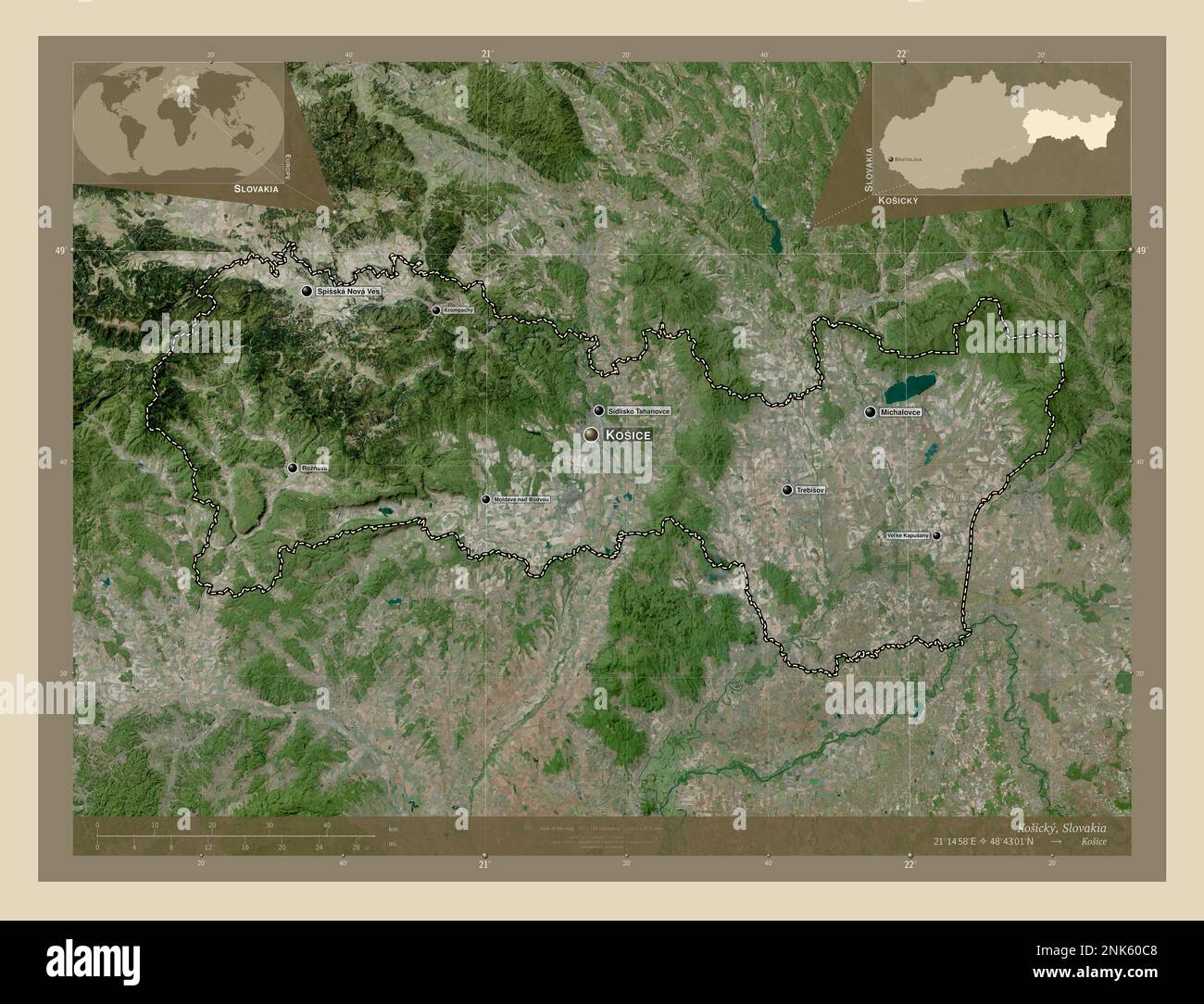 Kosicky, region of Slovakia. High resolution satellite map. Locations ...