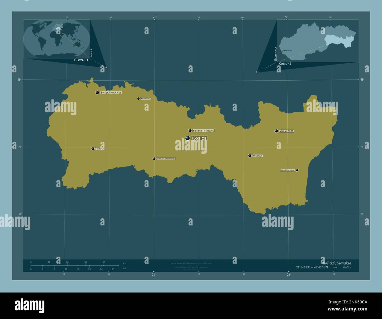 Kosicky, region of Slovakia. Solid color shape. Locations and names of ...