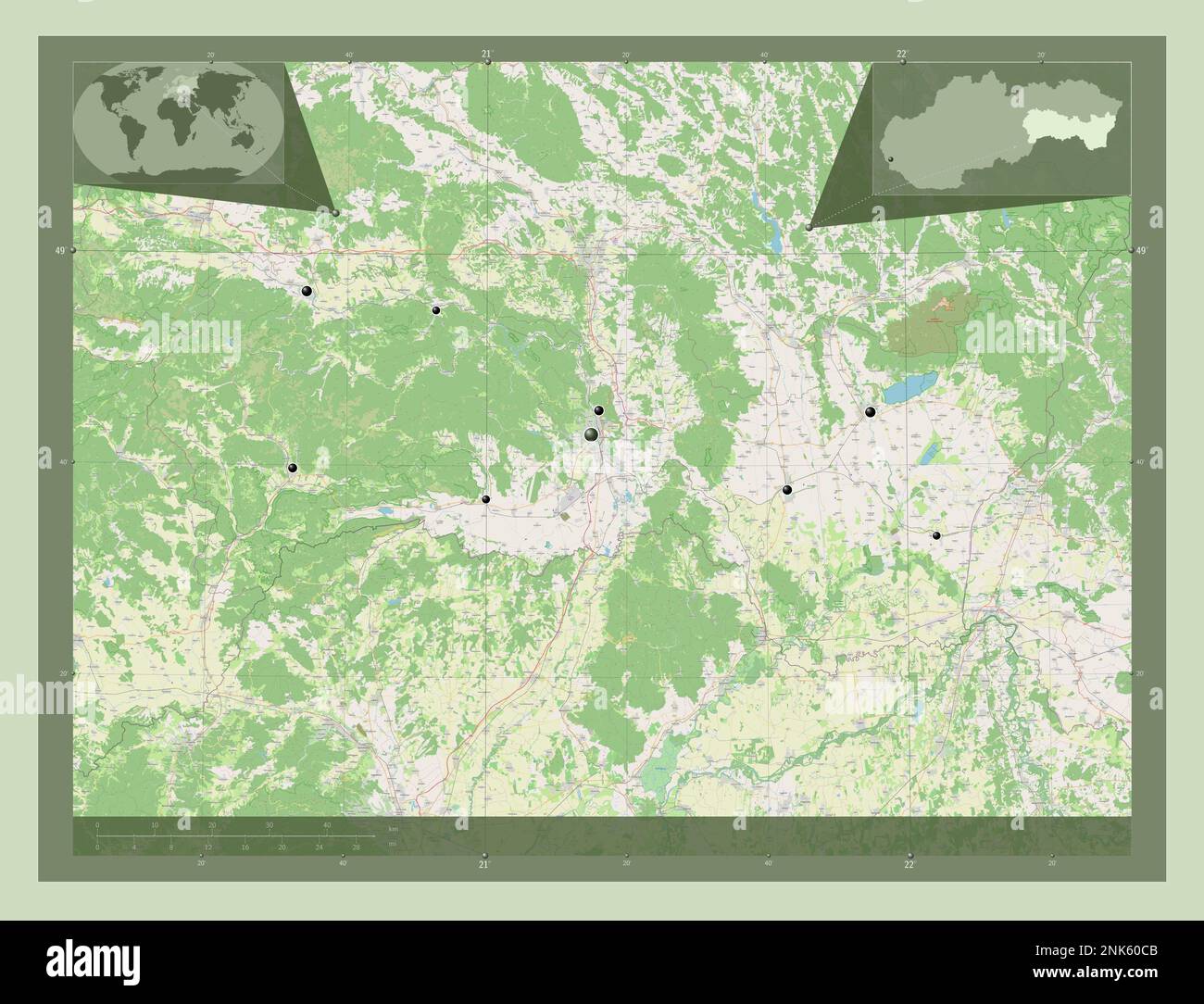 Kosicky, region of Slovakia. Open Street Map. Locations of major cities ...