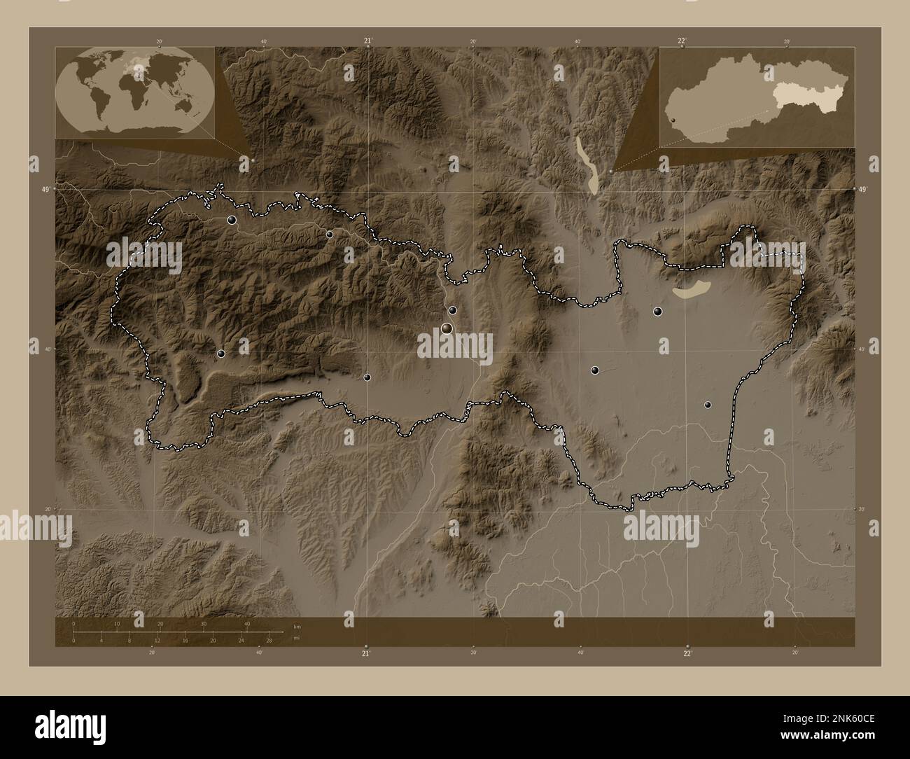 Kosicky, region of Slovakia. Elevation map colored in sepia tones with ...