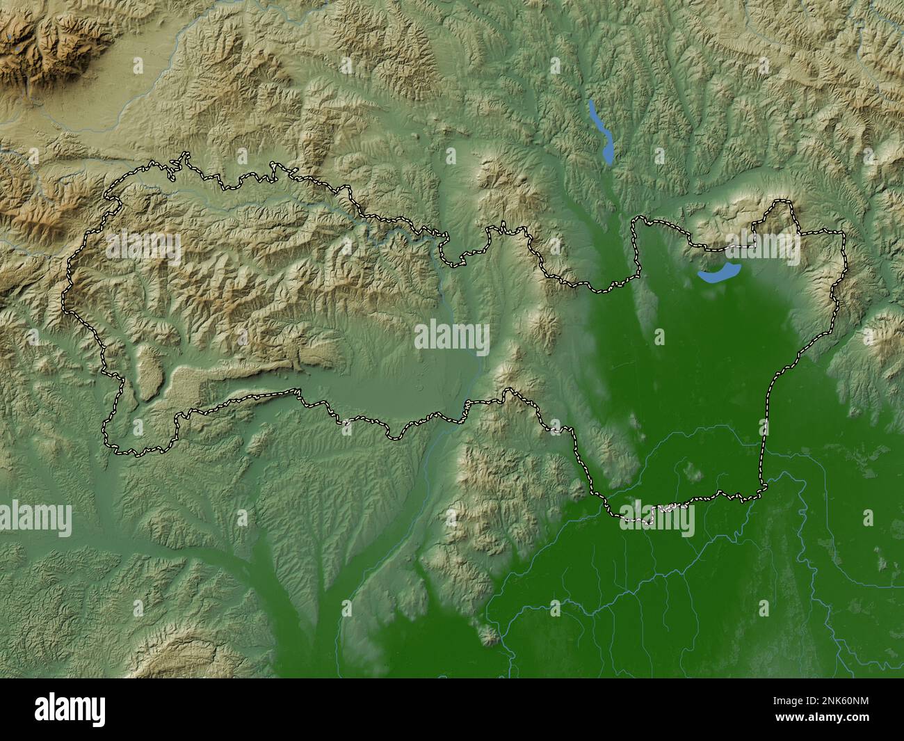 Kosicky, region of Slovakia. Colored elevation map with lakes and ...