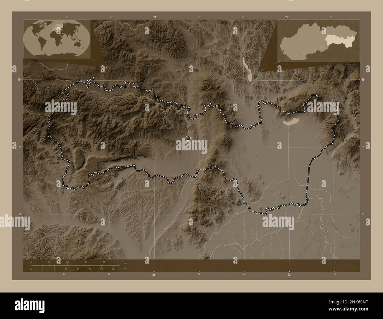 Kosicky, region of Slovakia. Elevation map colored in sepia tones with ...