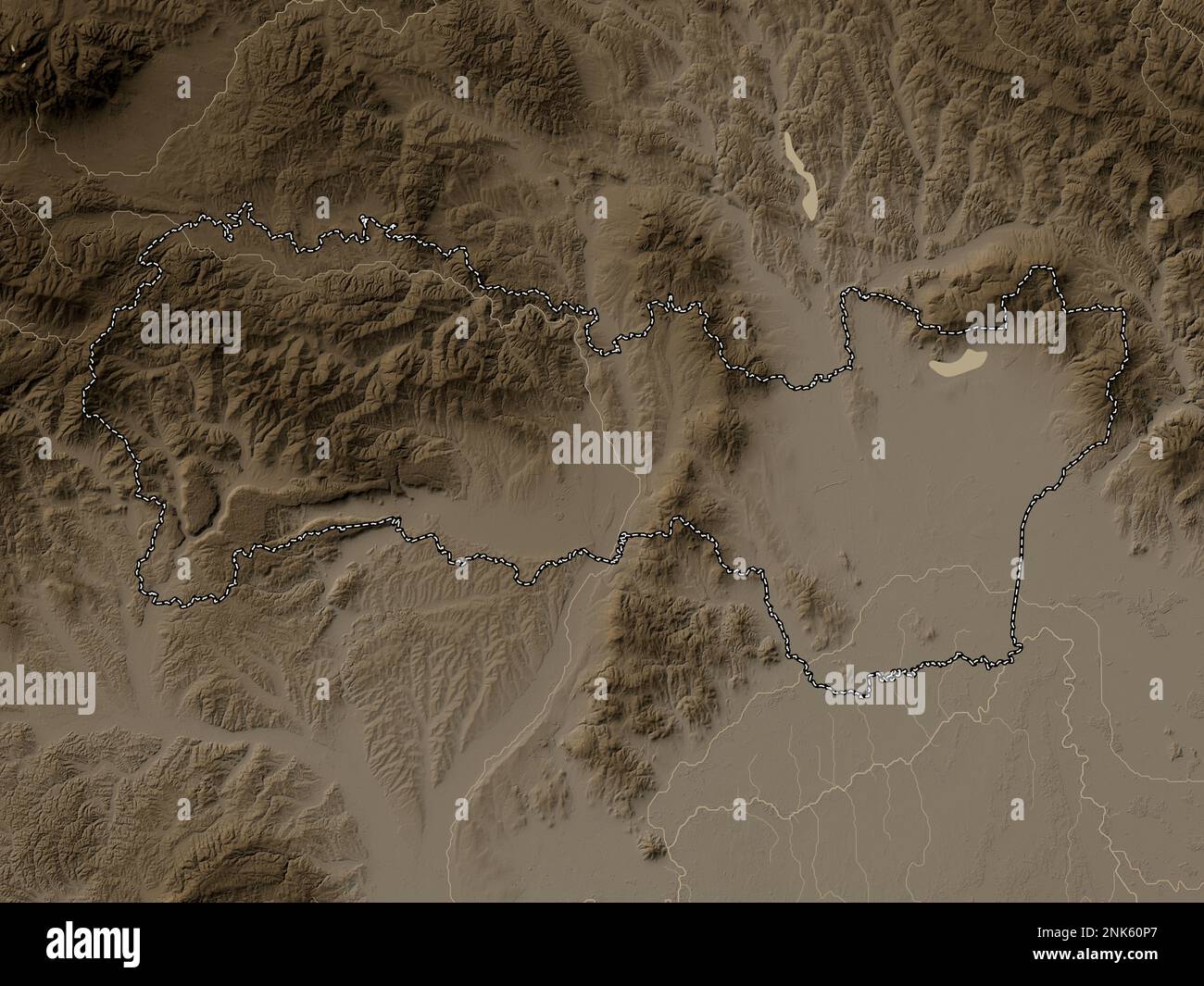 Kosicky, region of Slovakia. Elevation map colored in sepia tones with ...