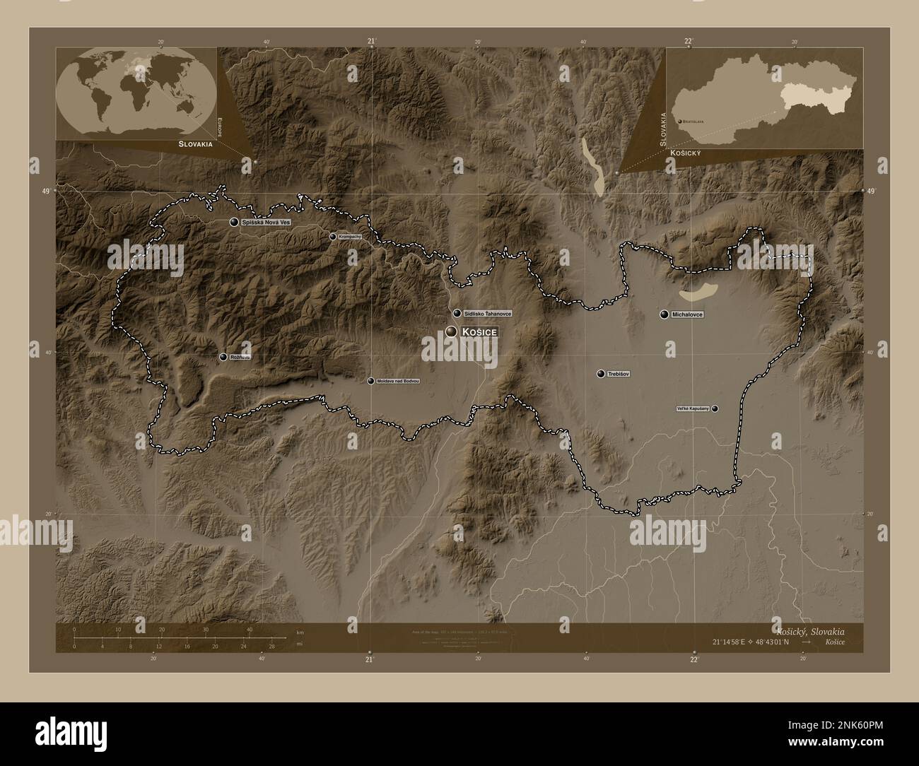 Kosicky, region of Slovakia. Elevation map colored in sepia tones with ...