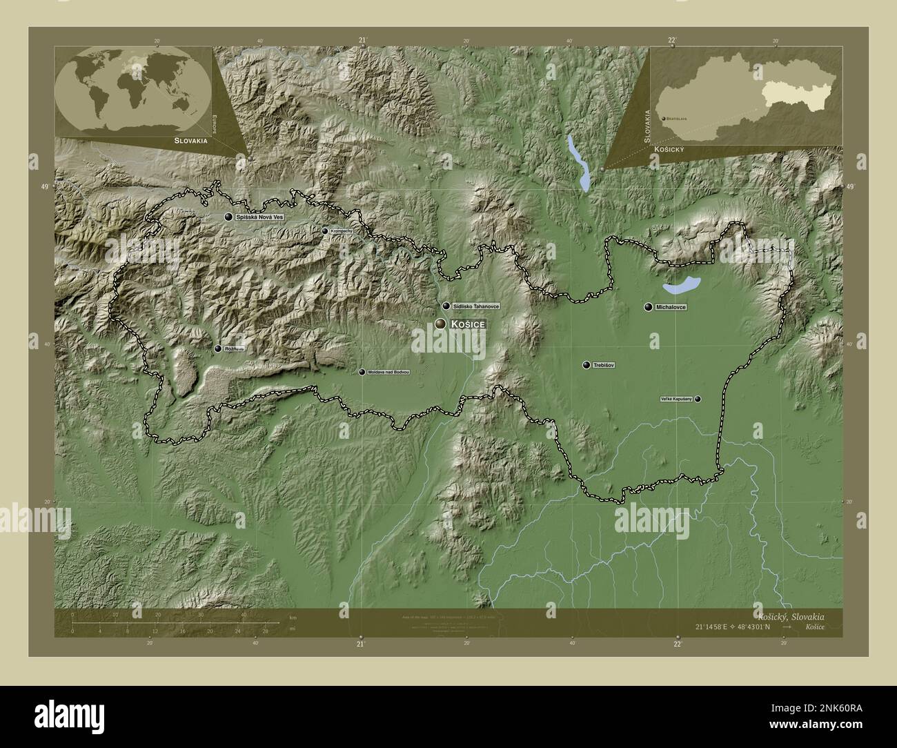 Kosicky, region of Slovakia. Elevation map colored in wiki style with ...