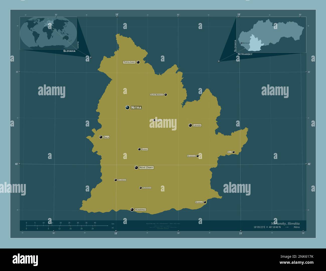 Nitriansky, region of Slovakia. Solid color shape. Locations and names ...