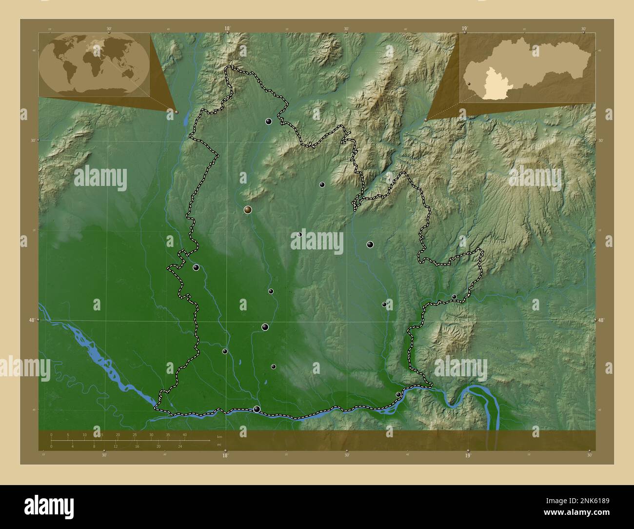Nitriansky, region of Slovakia. Colored elevation map with lakes and ...