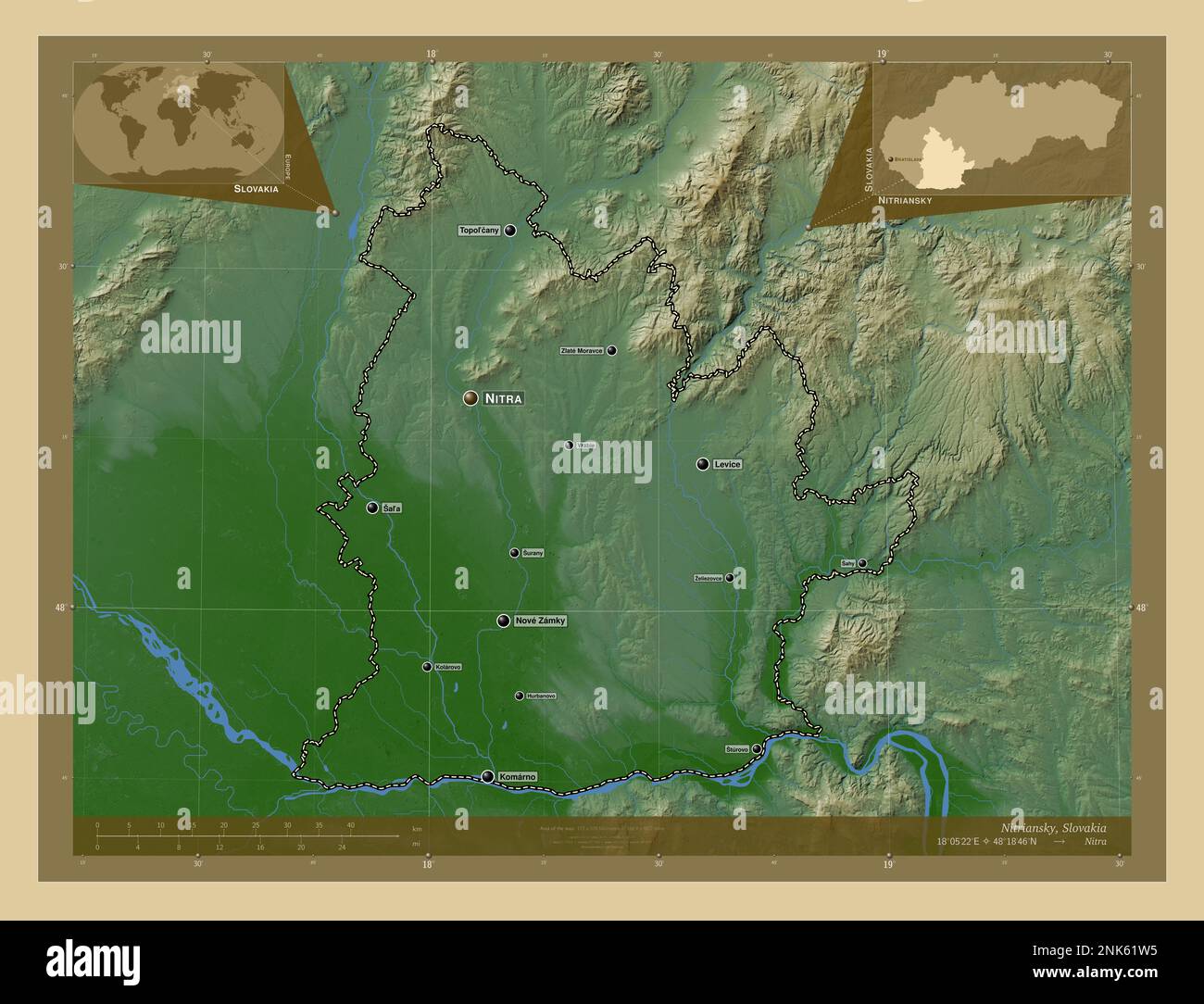 Nitriansky, region of Slovakia. Colored elevation map with lakes and ...