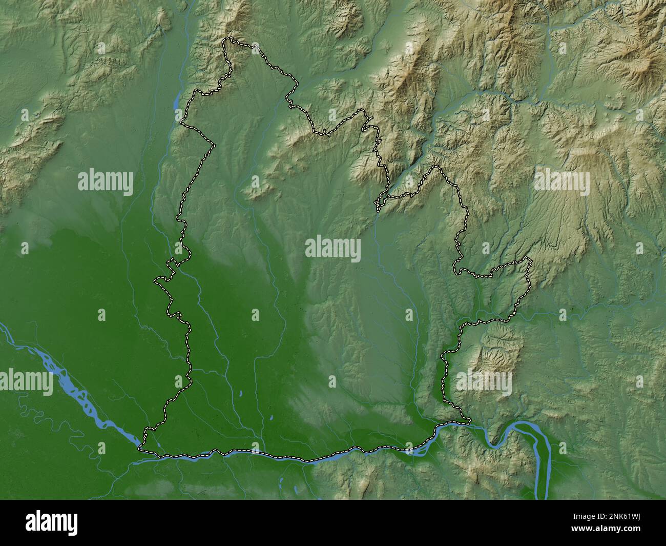 Nitriansky, region of Slovakia. Colored elevation map with lakes and ...