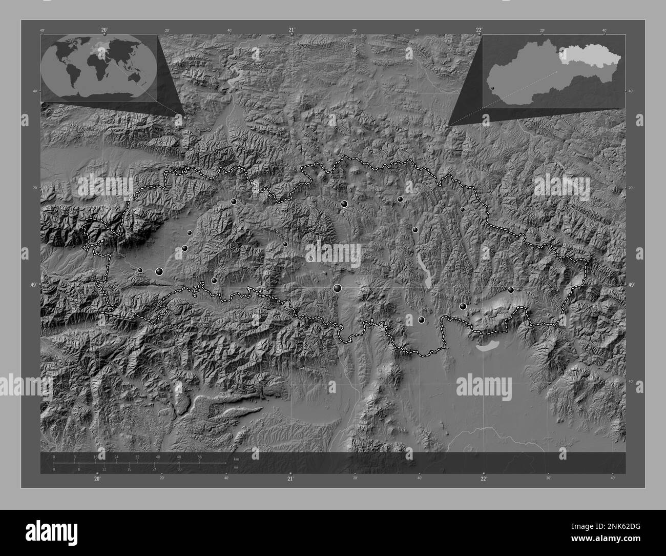 Presovsky, region of Slovakia. Bilevel elevation map with lakes and ...