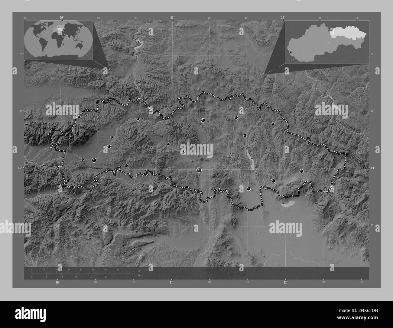 Presovsky, region of Slovakia. Grayscale elevation map with lakes and ...