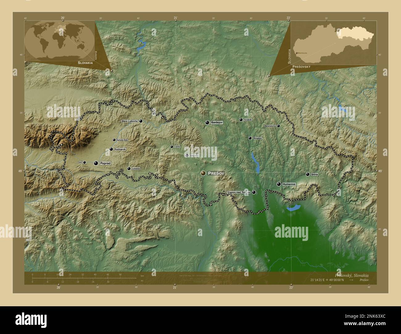 Presovsky, region of Slovakia. Colored elevation map with lakes and ...