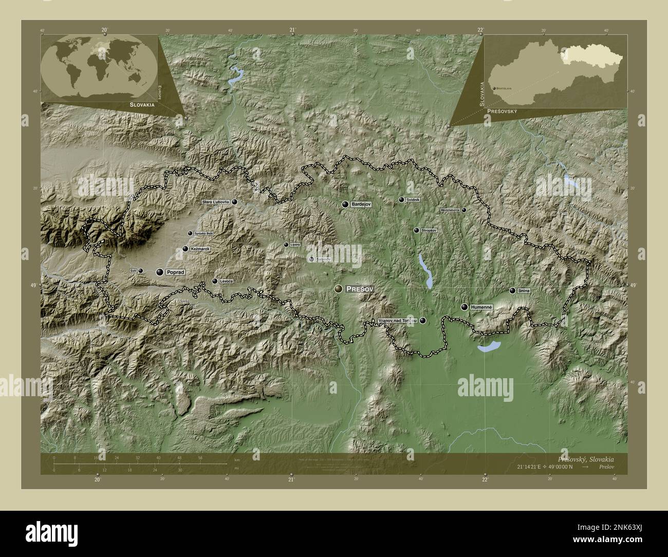 Presovsky, region of Slovakia. Elevation map colored in wiki style with ...