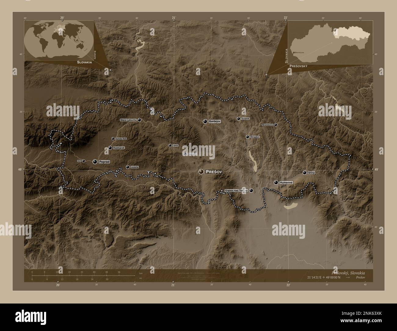 Presovsky, region of Slovakia. Elevation map colored in sepia tones ...