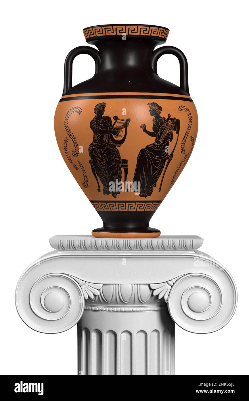 Antique ancient greek wine vase with meander pattern and ornament ...