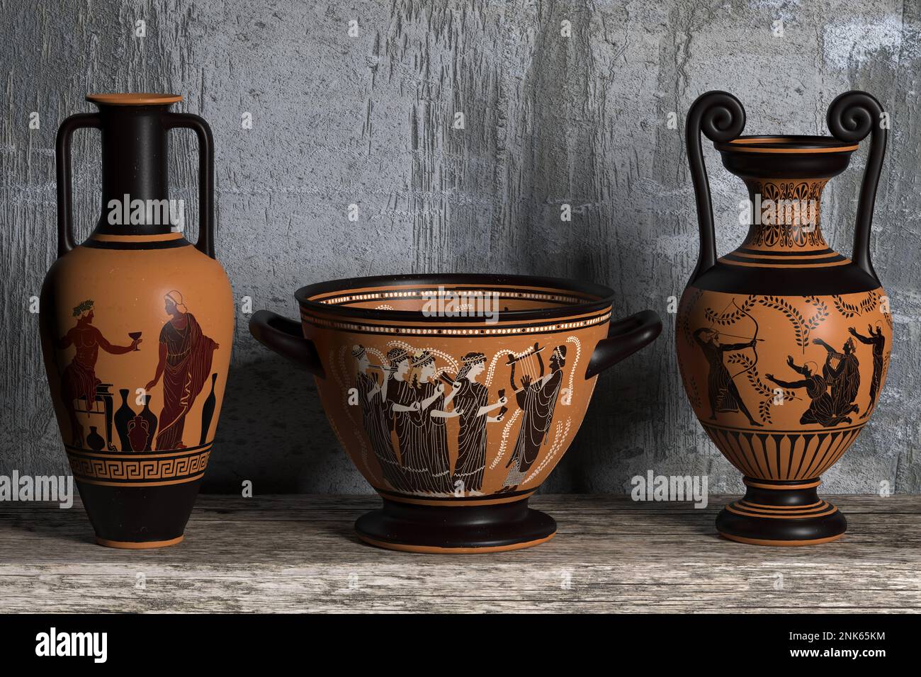 Three ancient Greek wine vases of different shapes with meander ...