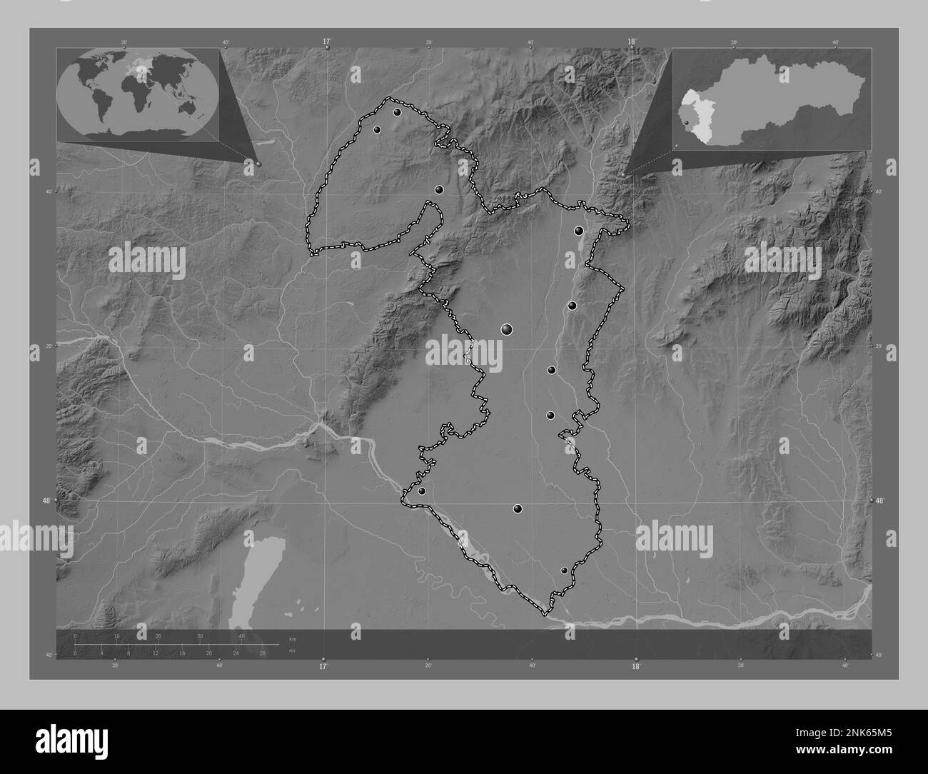 Trnavsky, region of Slovakia. Grayscale elevation map with lakes and ...