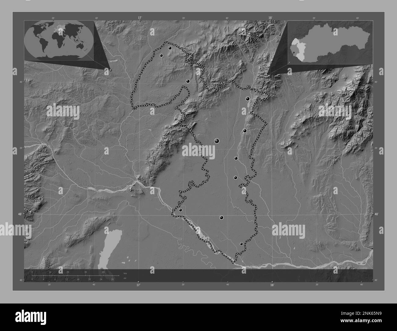 Trnavsky, region of Slovakia. Bilevel elevation map with lakes and ...