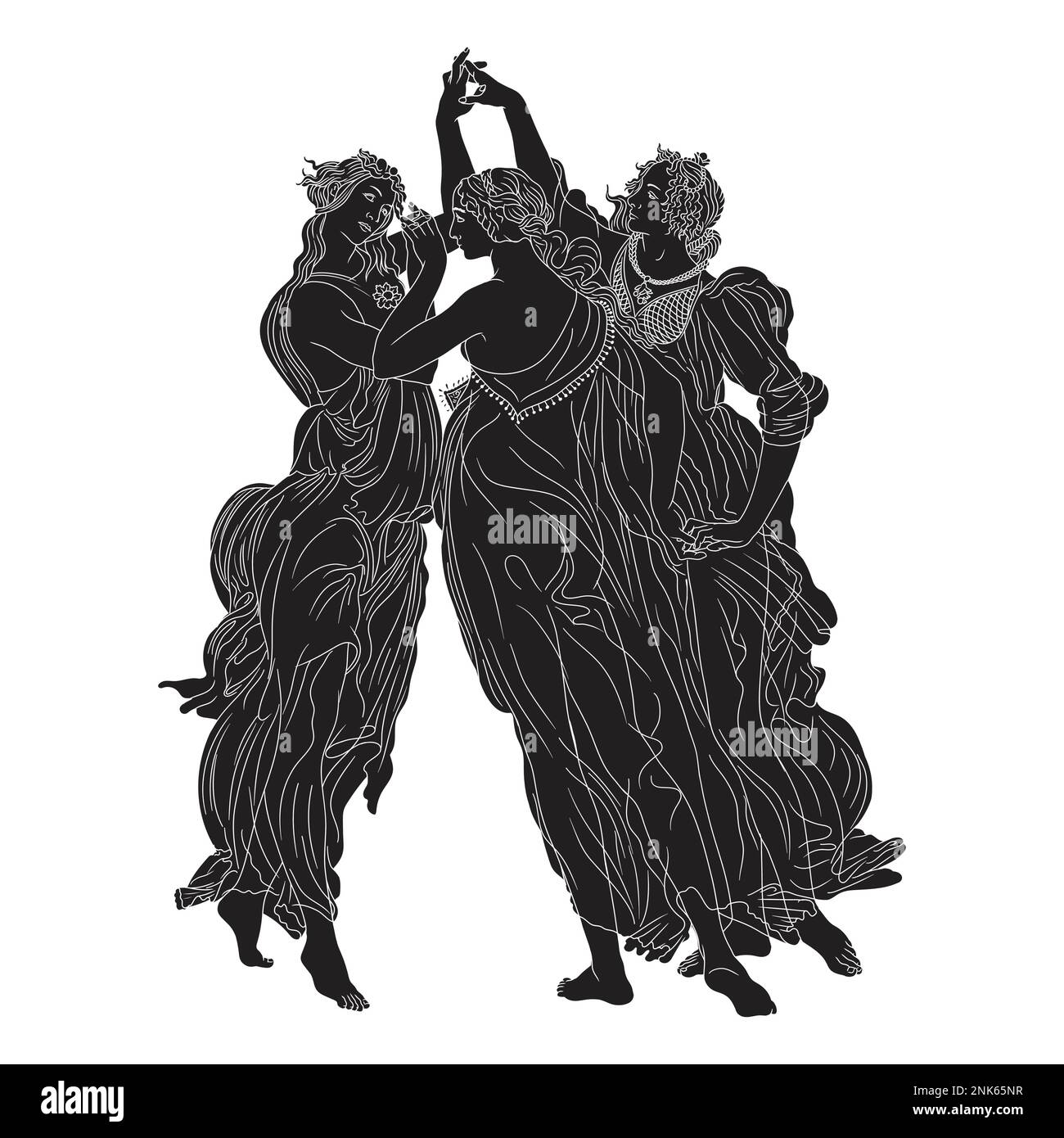 Three young slender girls in transparent tunics are dancing with their ...