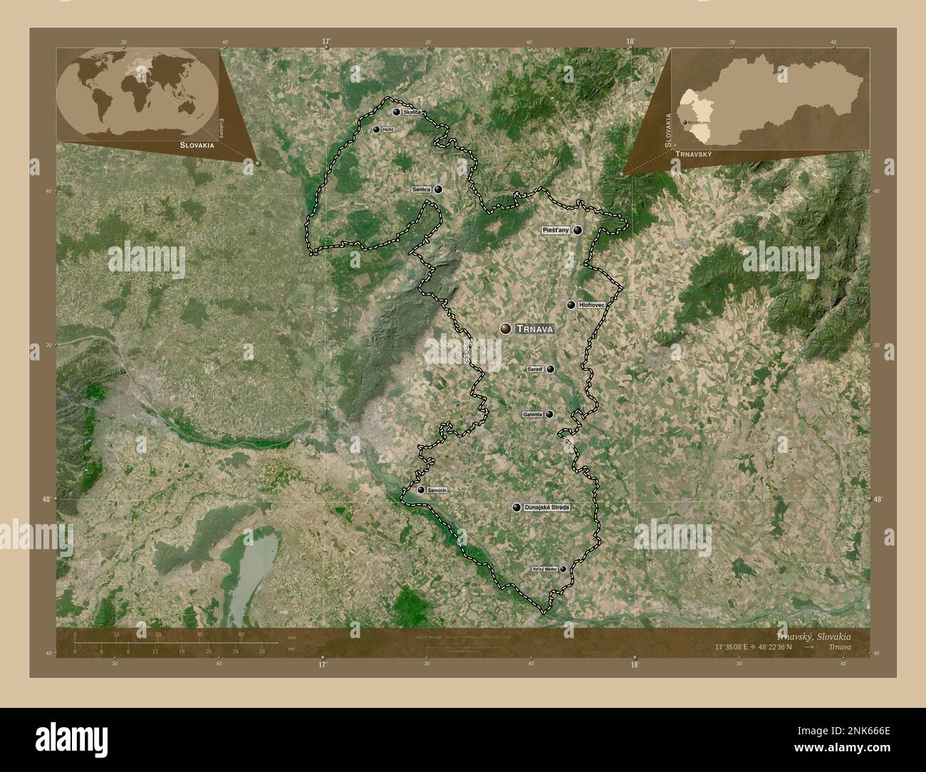 Trnavsky, region of Slovakia. Low resolution satellite map. Locations ...