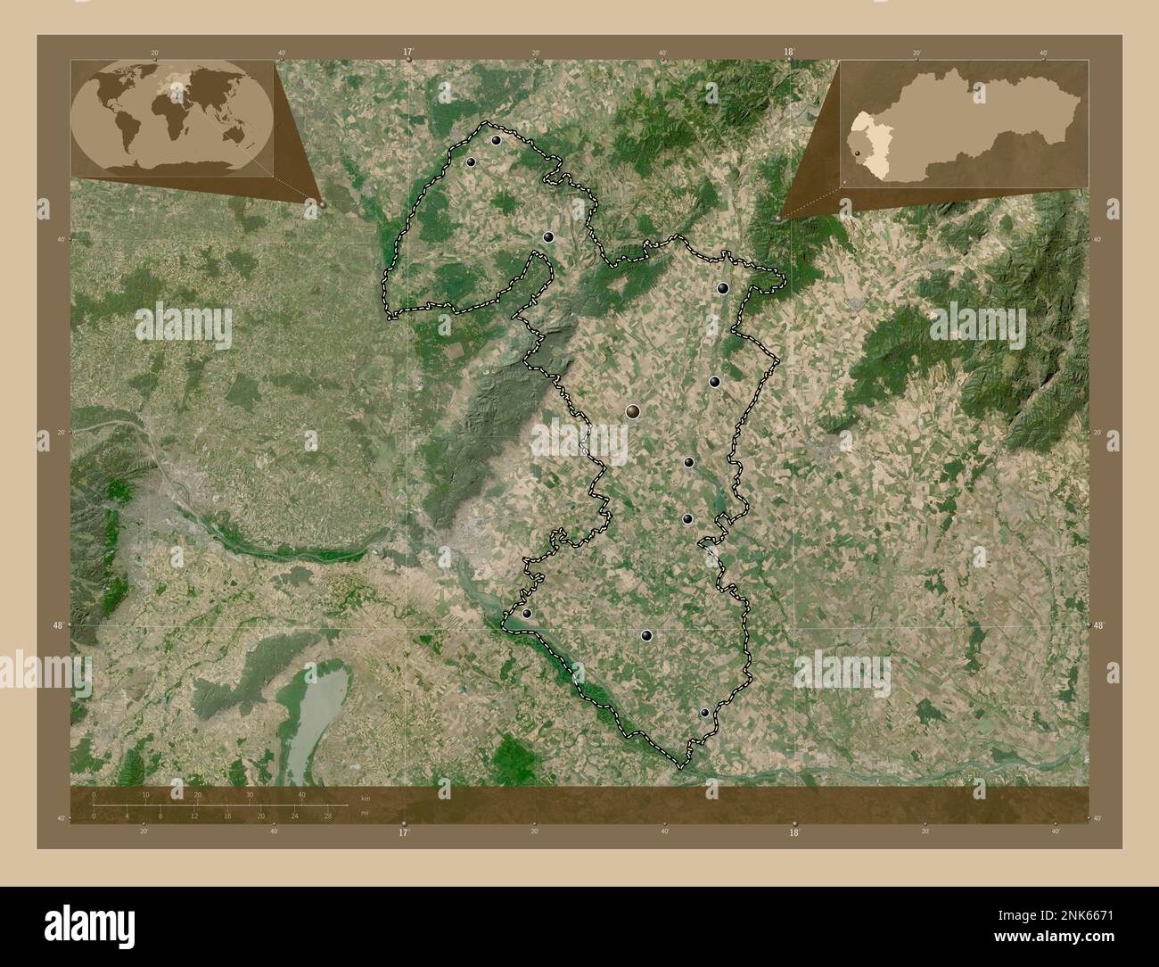 Trnavsky, region of Slovakia. Low resolution satellite map. Locations ...