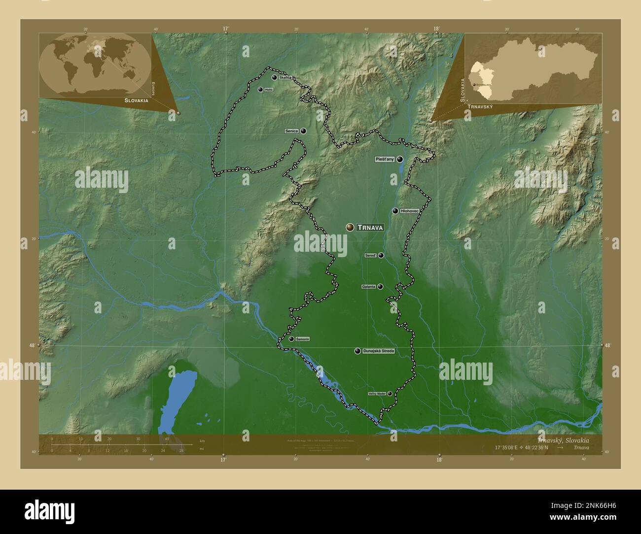 Trnavsky, region of Slovakia. Colored elevation map with lakes and ...
