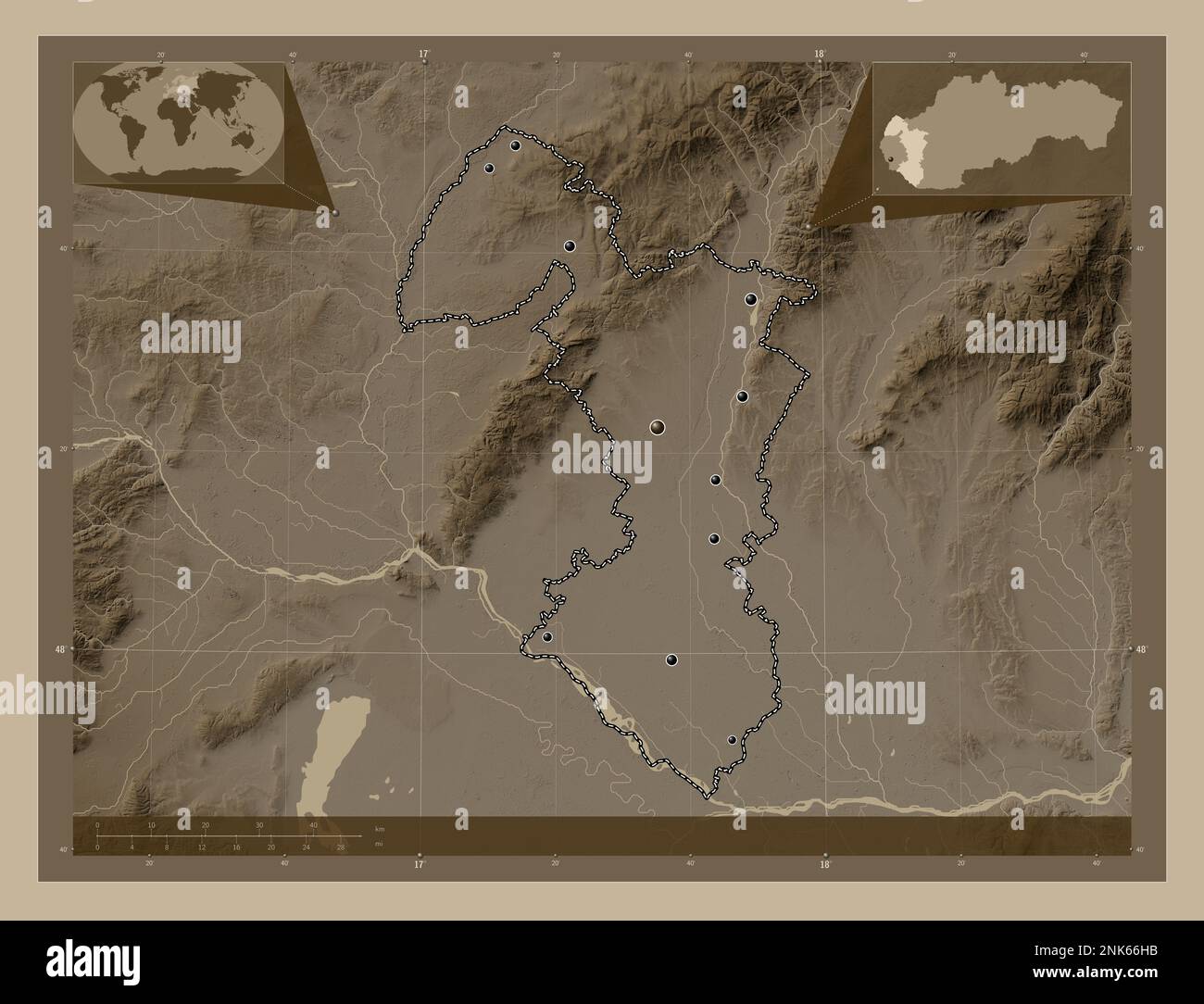 Trnavsky, region of Slovakia. Elevation map colored in sepia tones with ...