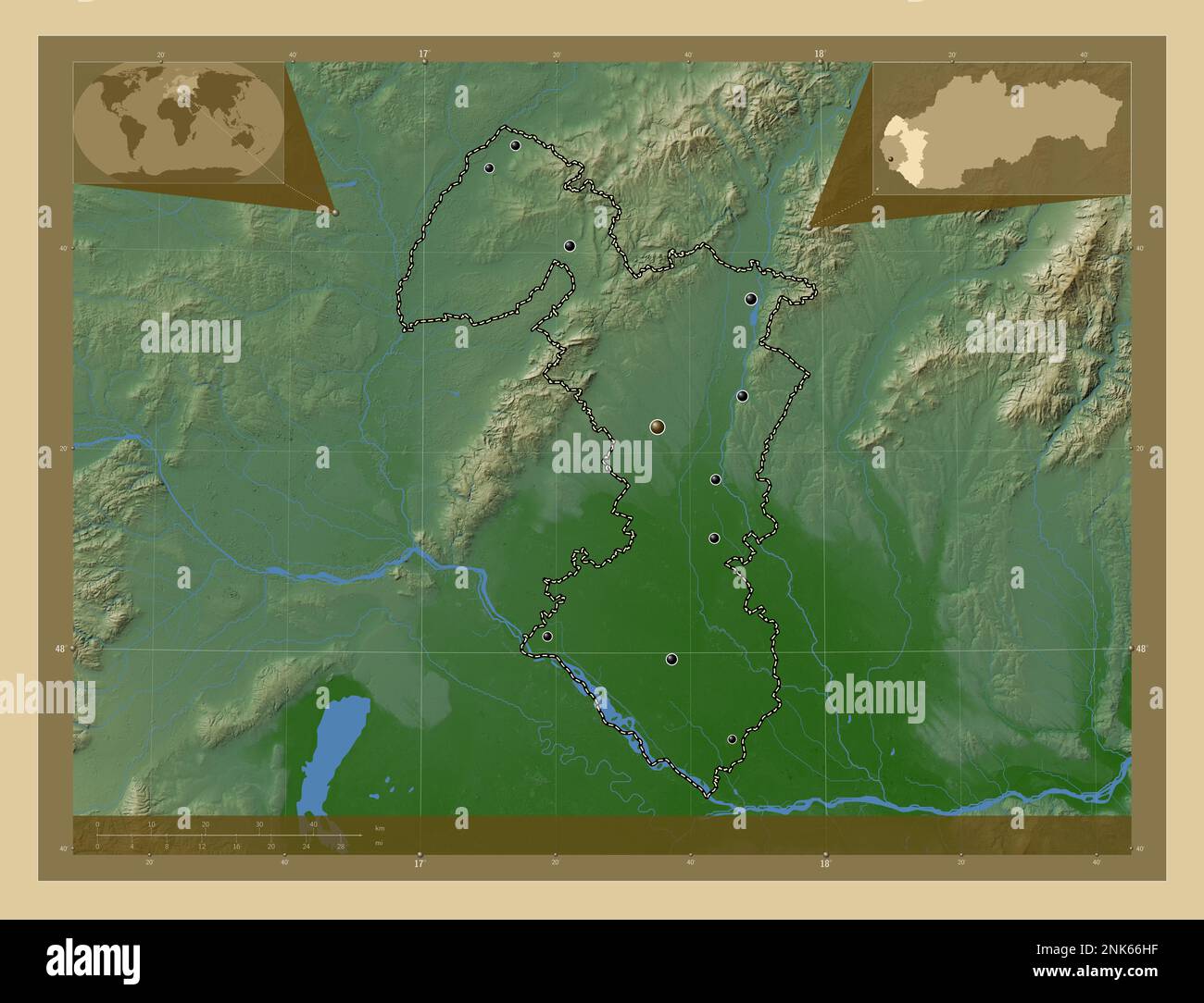 Trnavsky, region of Slovakia. Colored elevation map with lakes and ...