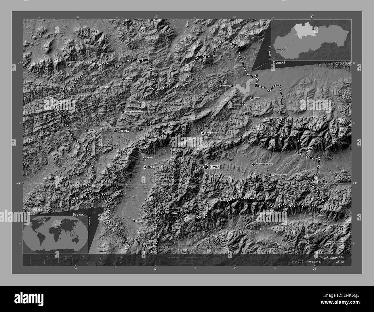 Zilinsky, region of Slovakia. Bilevel elevation map with lakes and ...