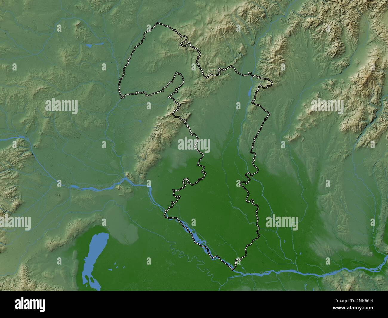 Trnavsky, region of Slovakia. Colored elevation map with lakes and ...