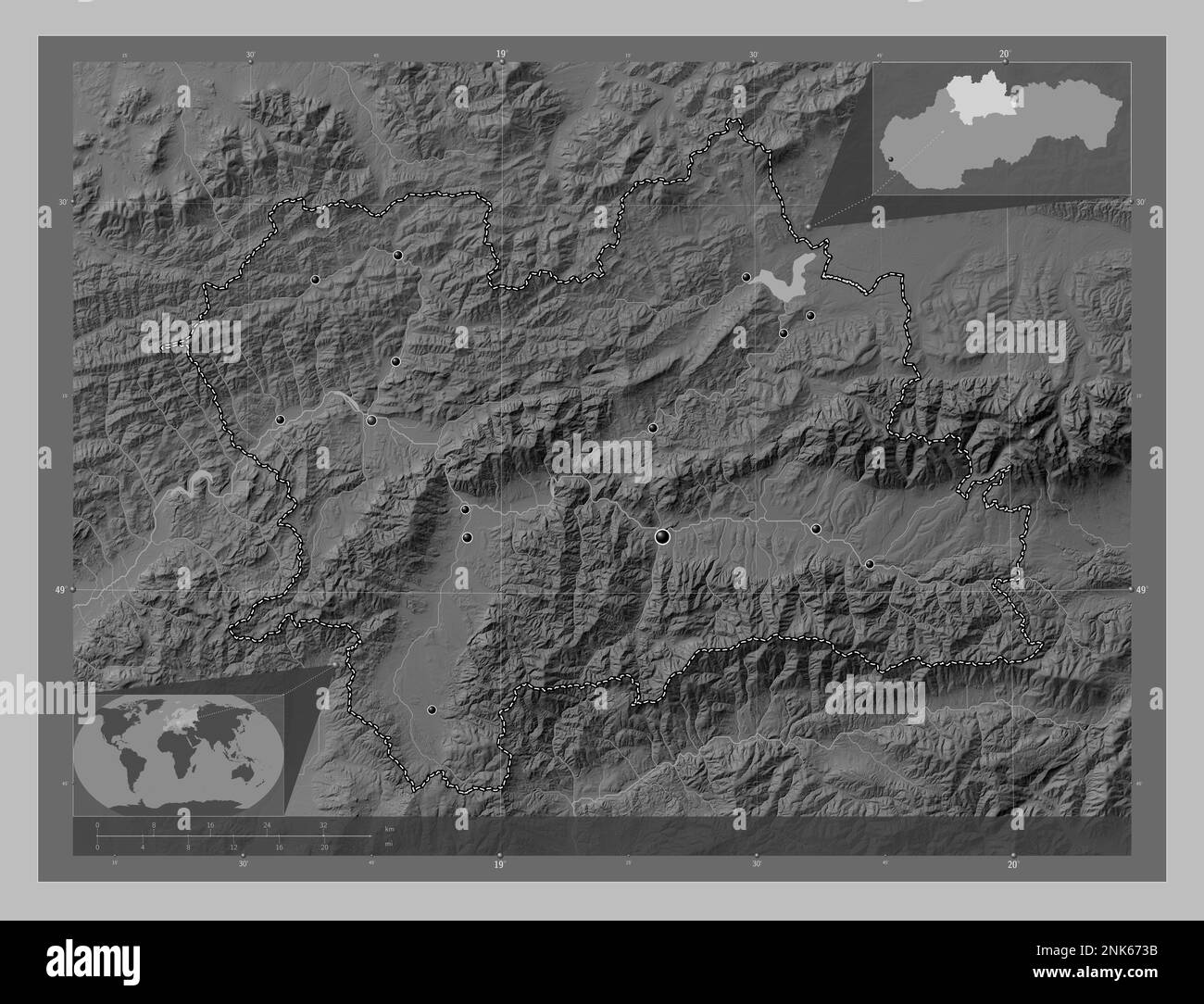 Zilinsky, region of Slovakia. Grayscale elevation map with lakes and ...