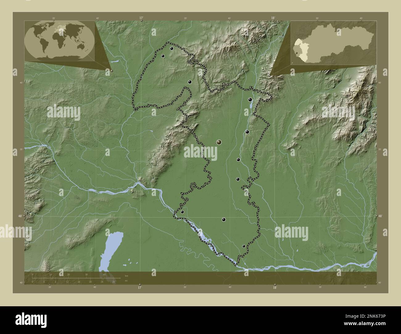 Trnavsky, region of Slovakia. Elevation map colored in wiki style with ...