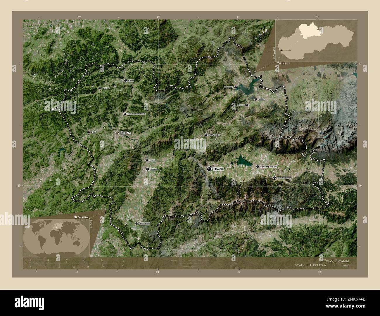 Zilinsky, region of Slovakia. High resolution satellite map. Locations ...