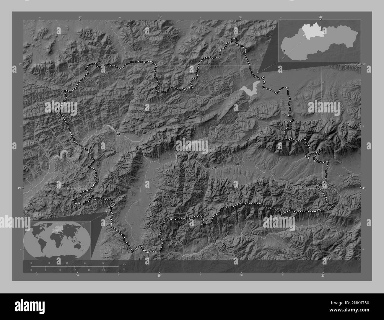 Zilinsky, region of Slovakia. Grayscale elevation map with lakes and ...