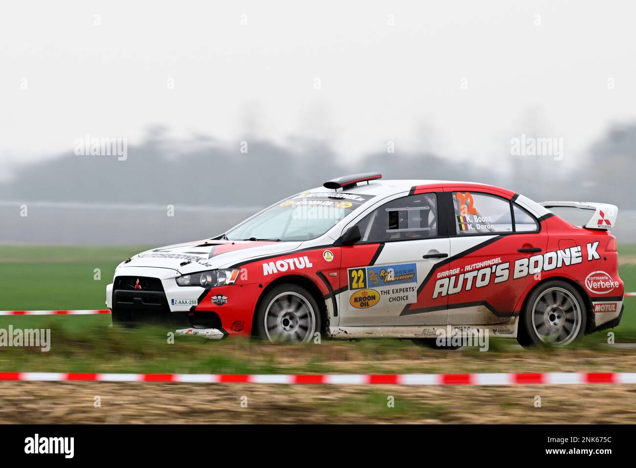 Sint-Truiden, Belgium, 23/02/2023, Belgian Kurt Boone and Kenny Deroo in their Mitsubishi Lancer ...