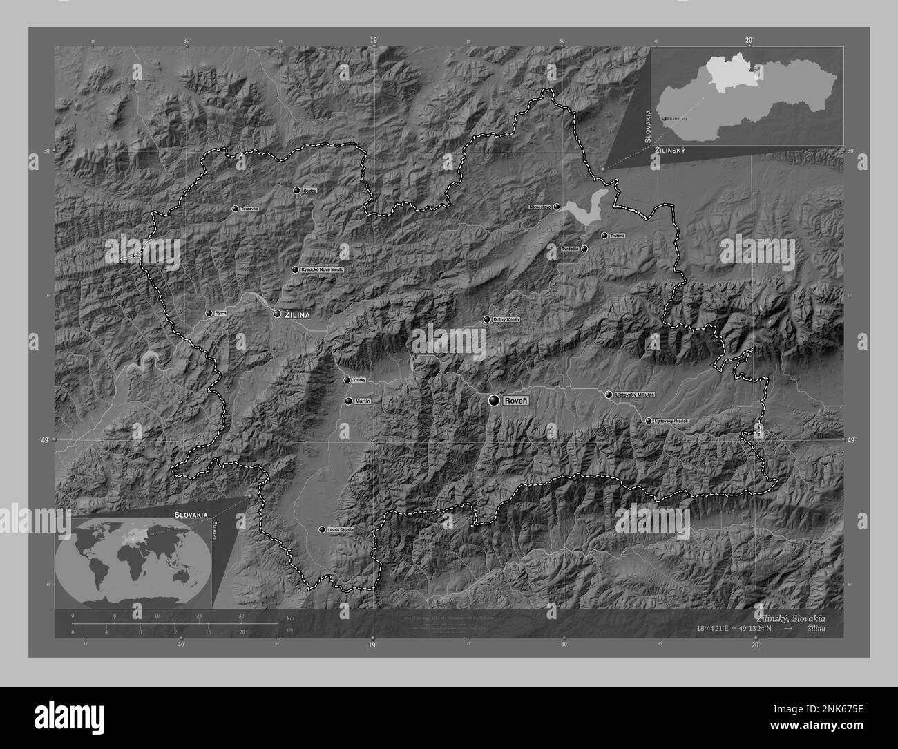Zilinsky, region of Slovakia. Grayscale elevation map with lakes and ...