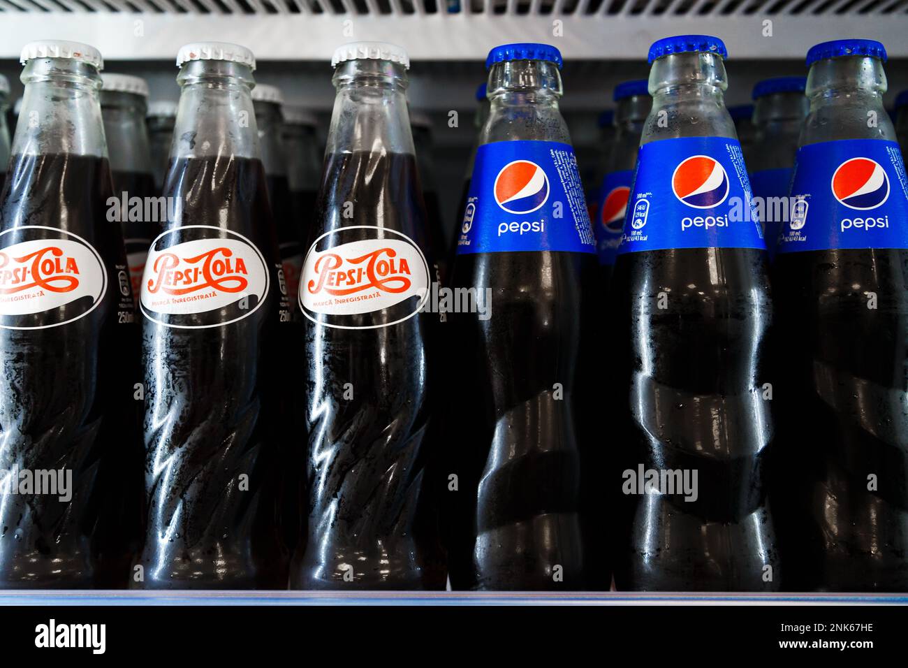 Sibiu, Romania - May, 11 2022: Close up of Pepsi Cola glass bottles in ...