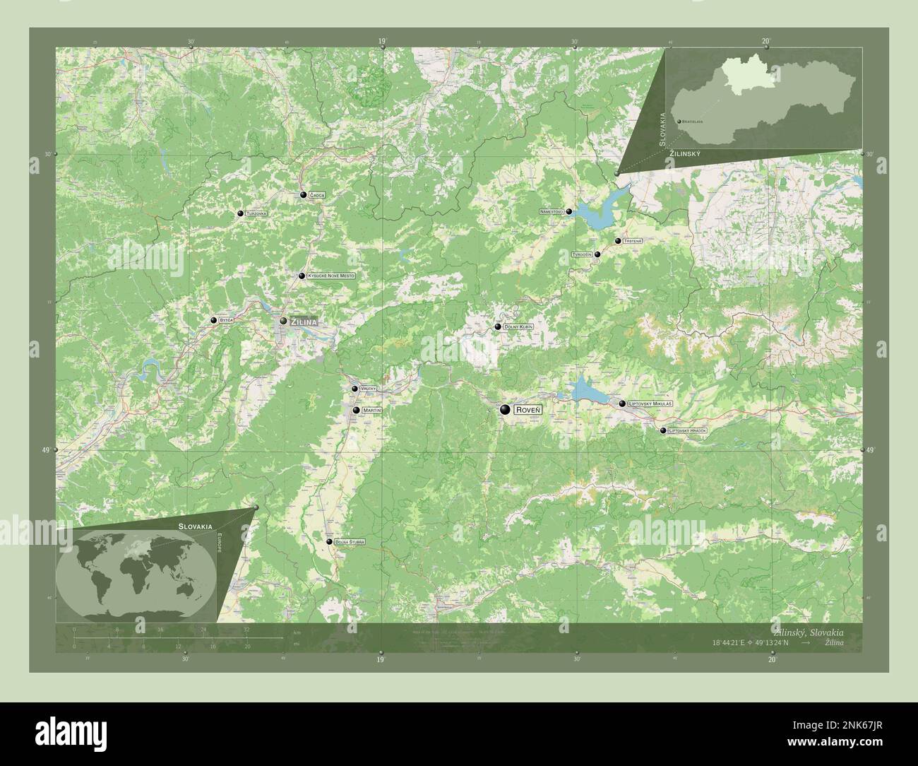 Zilinsky, region of Slovakia. Open Street Map. Locations and names of ...