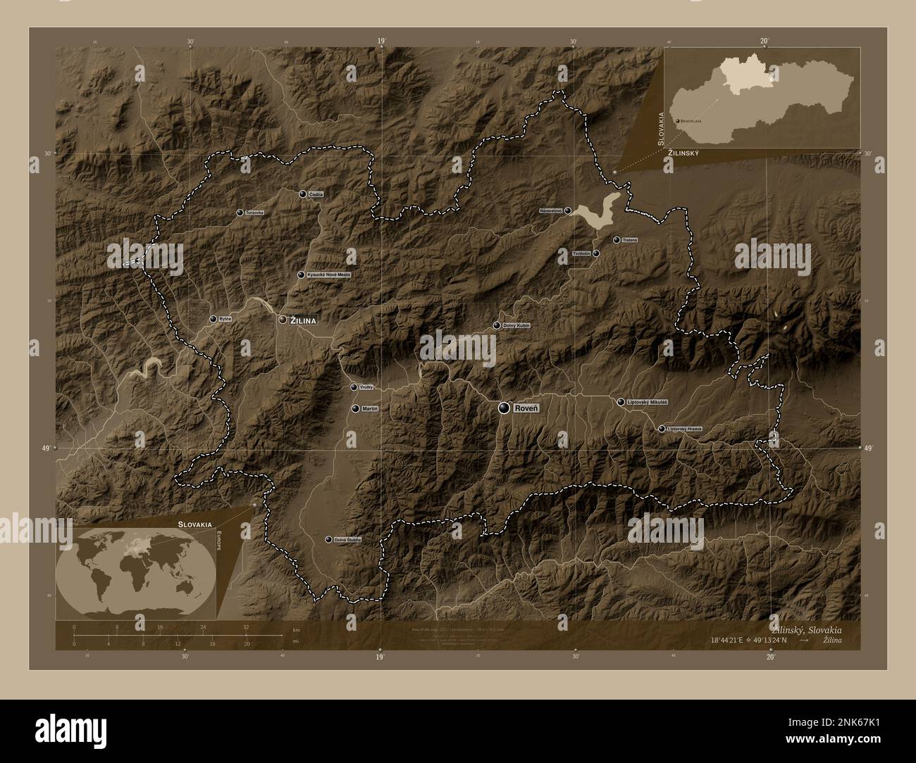 Zilinsky, region of Slovakia. Elevation map colored in sepia tones with ...