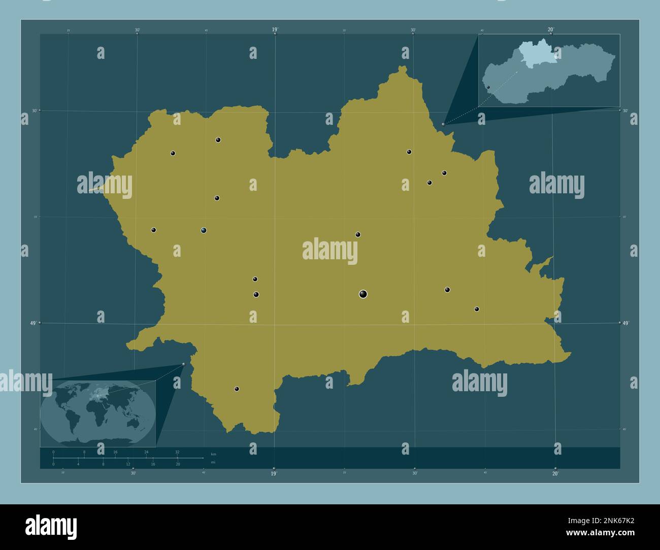 Zilinsky, region of Slovakia. Solid color shape. Locations of major ...