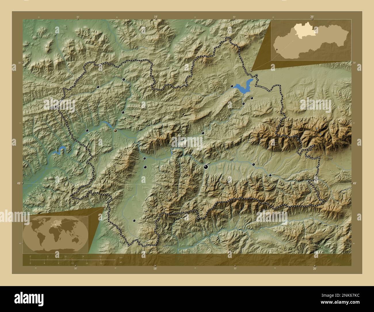 Zilinsky, region of Slovakia. Colored elevation map with lakes and ...