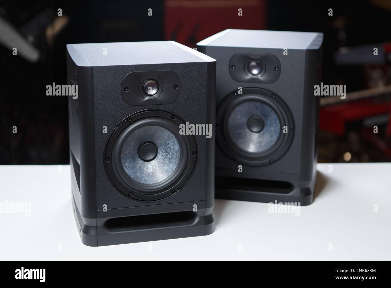 Pair of studio monitors in music store. Buy hi fi speakers for sound ...
